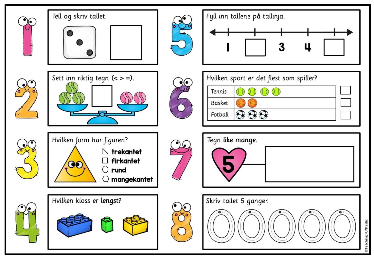 Matematikk for 1.trinn - Repetisjonsoppgaver - Teaching Funtastic