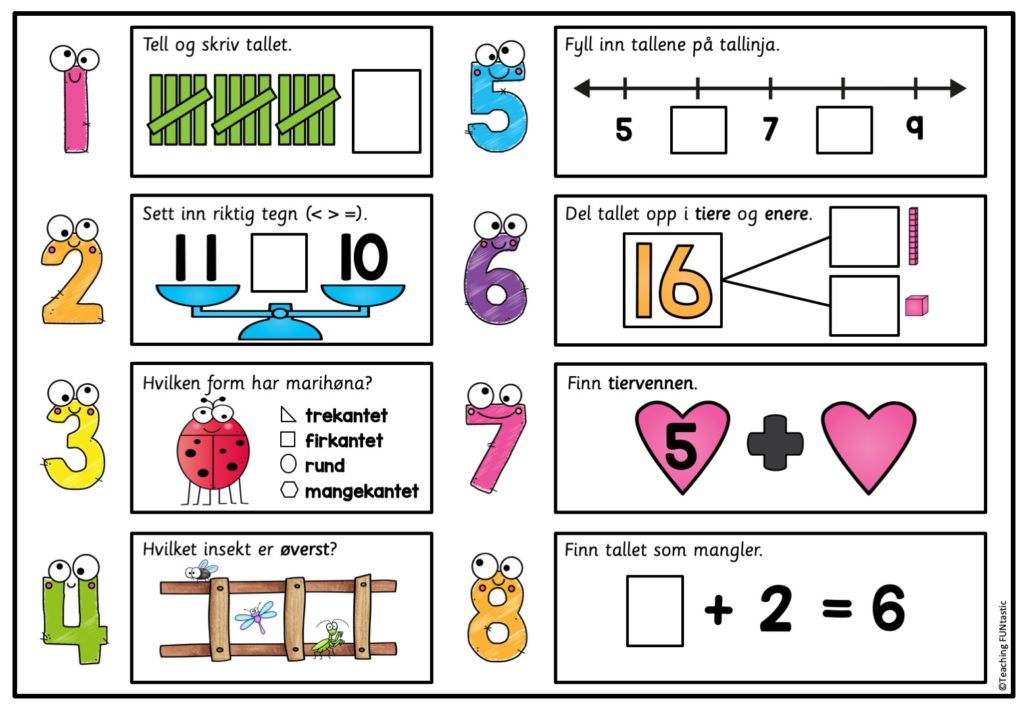 Matematikk for 1.trinn - Repetisjonsoppgaver - Teaching Funtastic