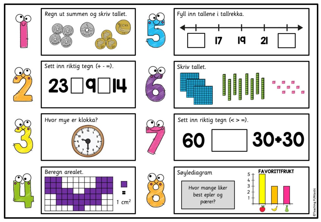 Matematikk for 2.trinn - Repetisjonsoppgaver - Teaching Funtastic