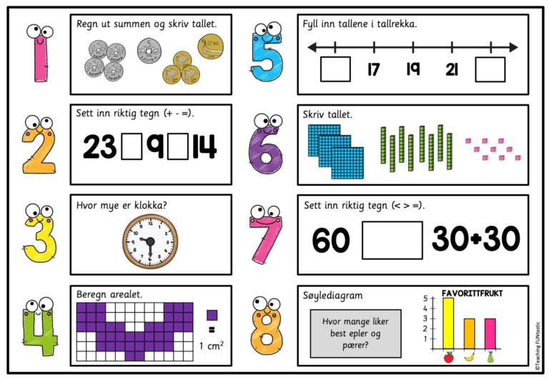 Matematikk for 2.trinn - Repetisjonsoppgaver - Teaching Funtastic