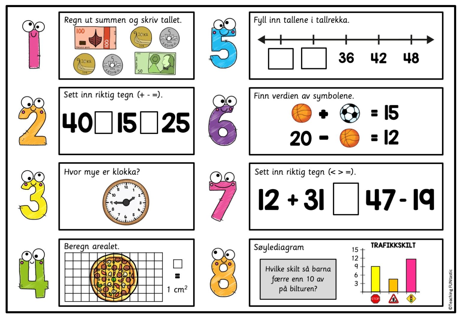 Matematikk for 2.trinn - Repetisjonsoppgaver - Teaching Funtastic