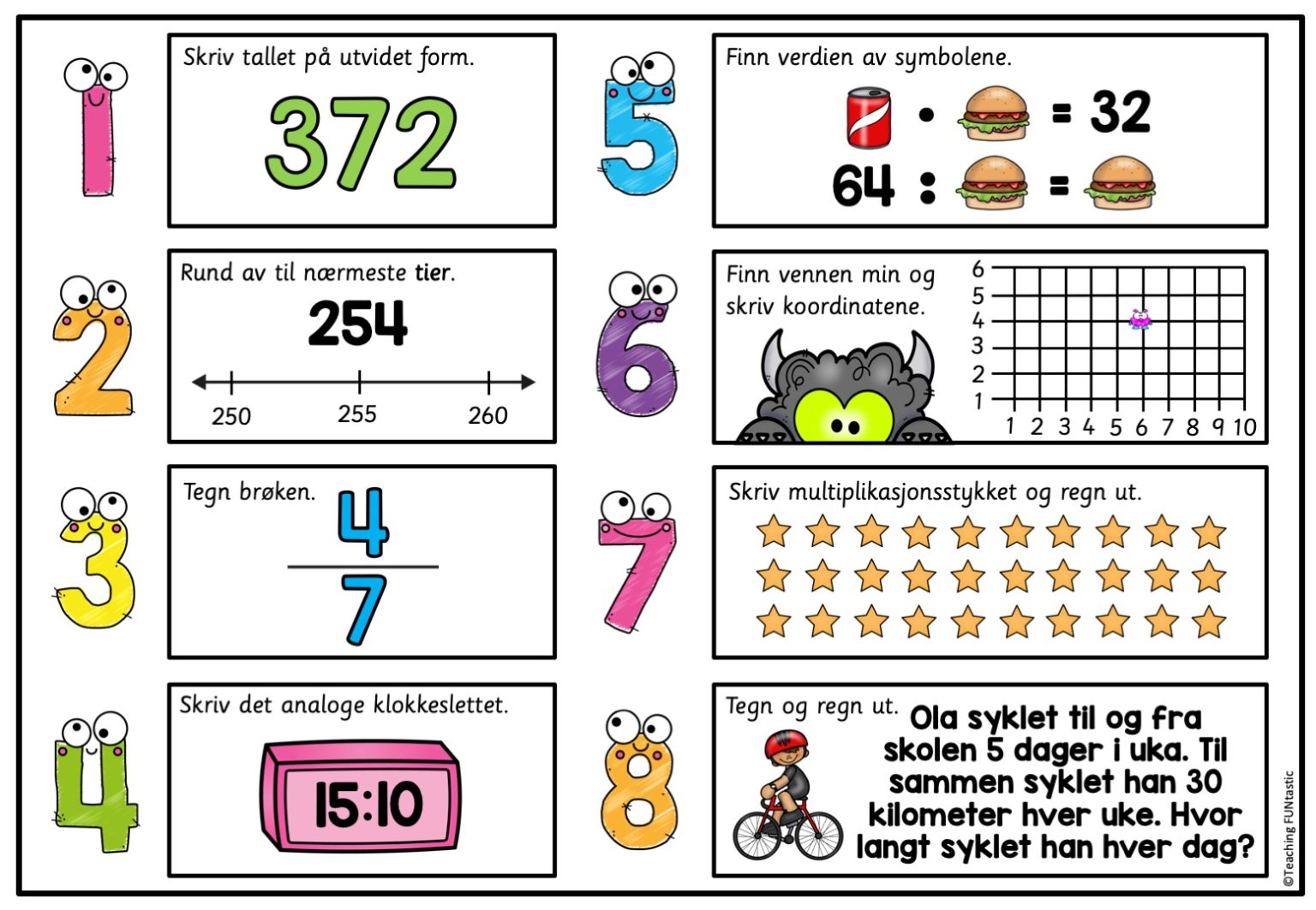 Matematikk for 3.trinn - Repetisjonsoppgaver - Teaching Funtastic