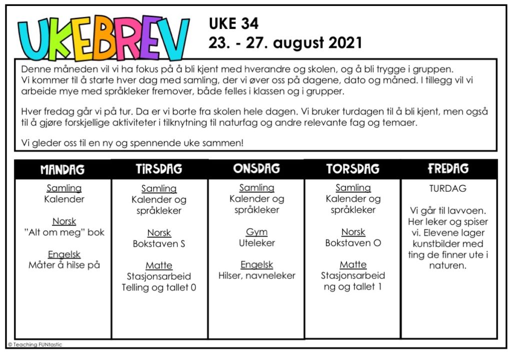 Redigerbart ukebrev til barneskolen - Teaching Funtastic